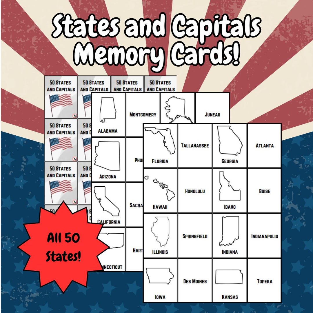 Set of 50 States & Capitals Memory Cards | Printable Educational Game ...