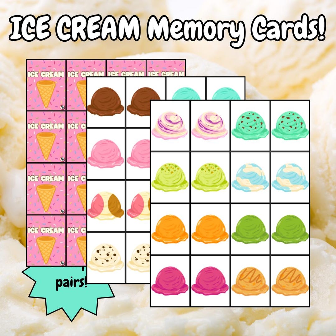 Set of 32 Ice Cream-themed Memory Matching Cards Fun Printable Game for ...