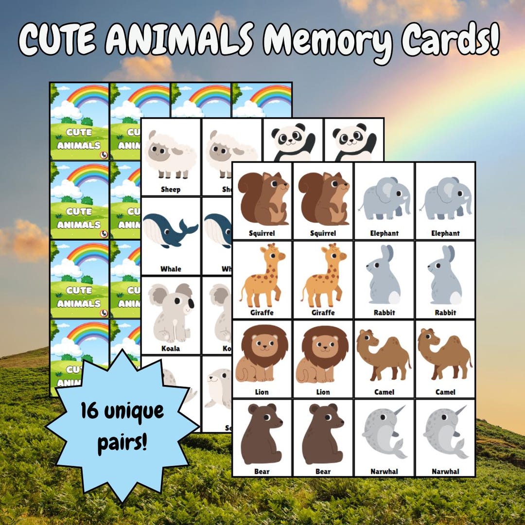 Set of 32 Cute Animal Memory Cards | Printable Matching Game for Kids ...