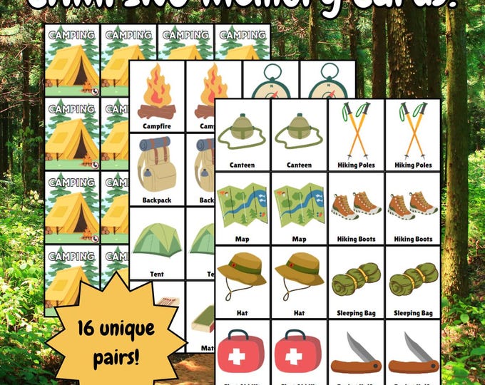 Set of 32 Camping-themed Memory Cards | Printable Matching Game for ...