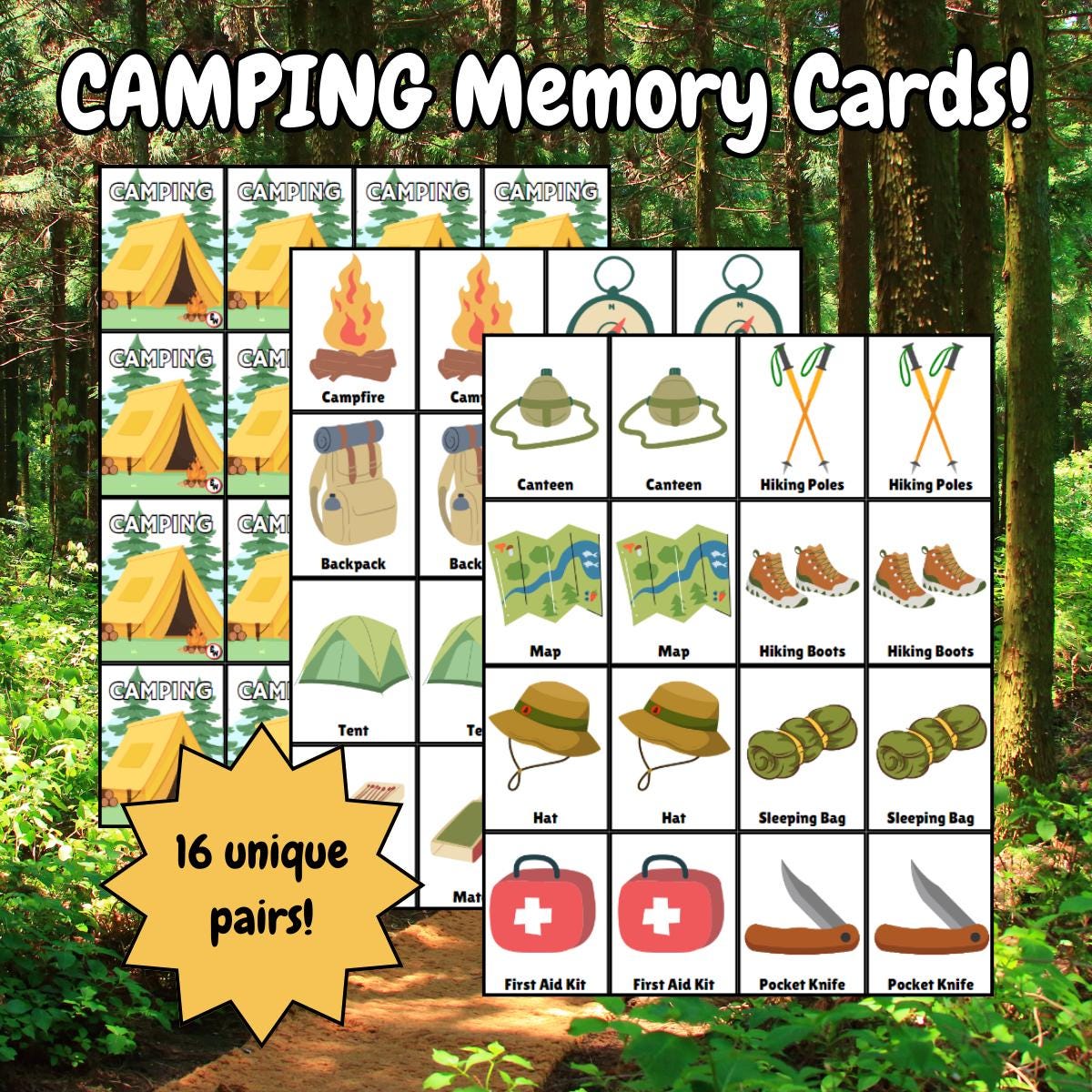 Set of 32 Camping-themed Memory Cards | Printable Matching Game for ...