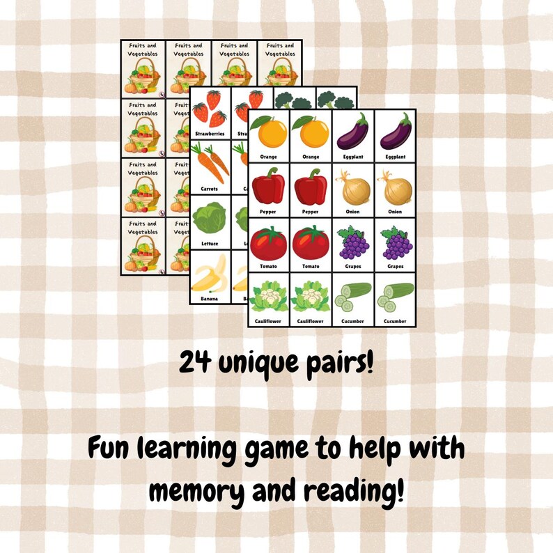 Fruits & Vegetables-themed Memory Cards Set of 24 Printable Matching ...