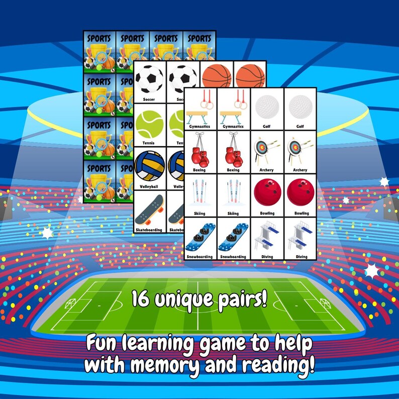 Set of 32 Sports-themed Memory Cards | Printable Matching Game - Etsy