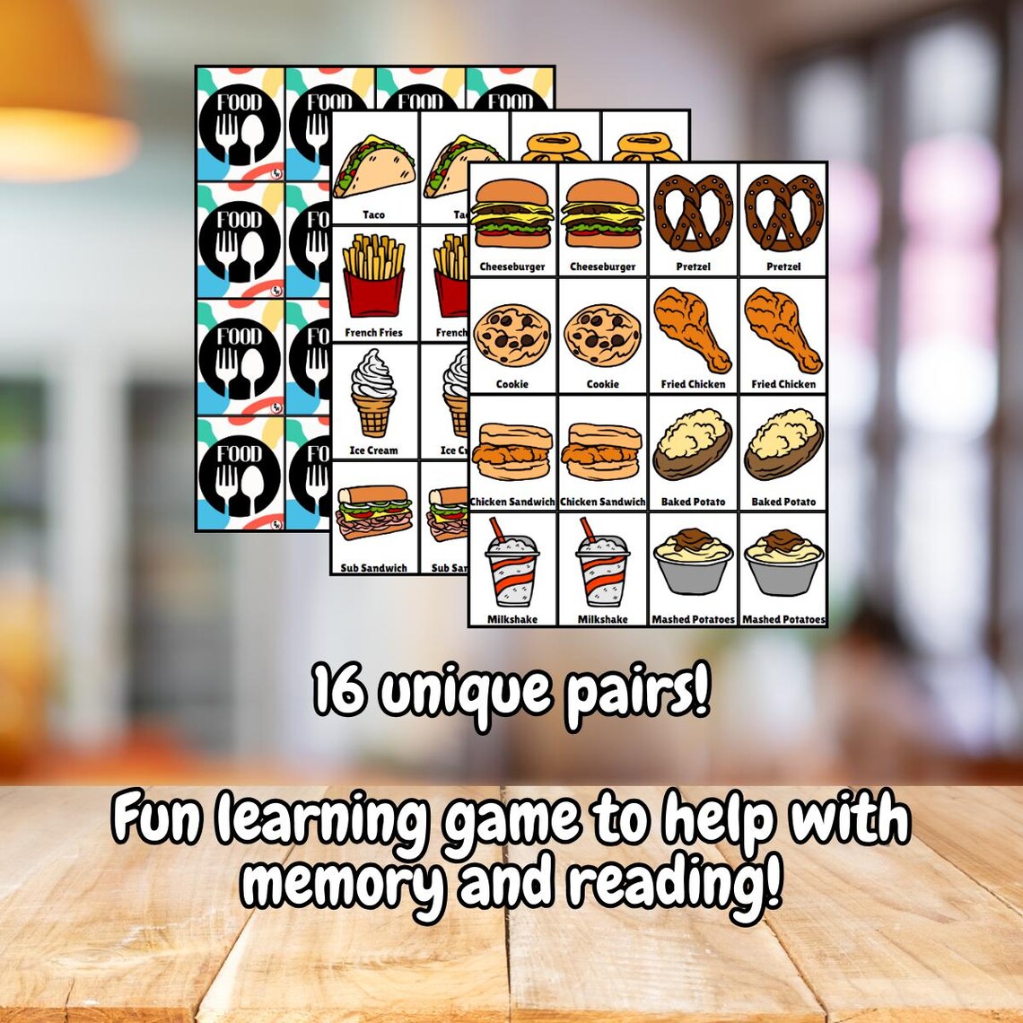 Food-themed Memory Matching Cards | Set of 32 Printable Cards for Kids ...