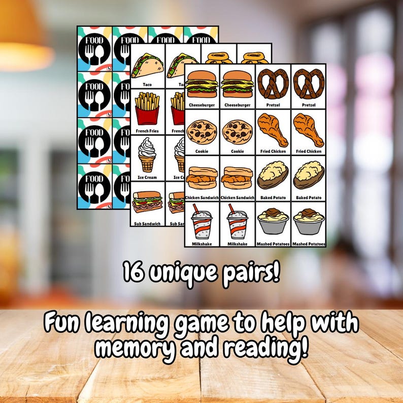 Food-themed Memory Matching Cards | Set of 32 Printable Cards for Kids ...