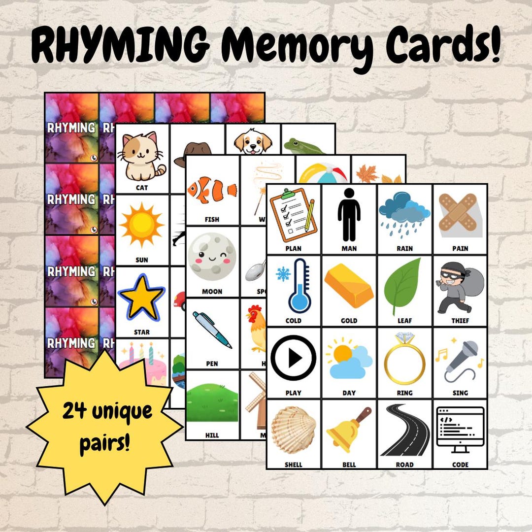 Rhyming Word Memory Matching Cards | Set of 48 Printable Cards for Kids ...