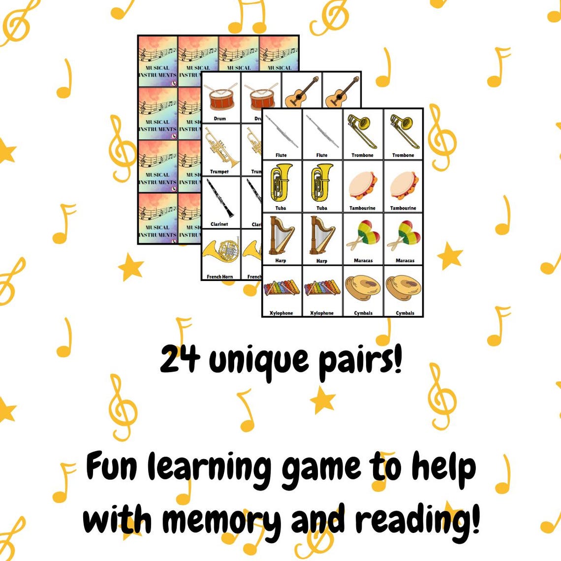 Set of 48 Musical Instrument-themed Memory Cards | Printable Matching ...