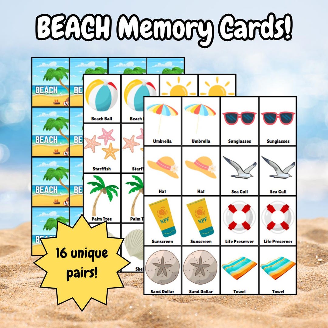 Beach-themed Memory Matching Cards | Set of 32 (16 Pairs) Printable ...