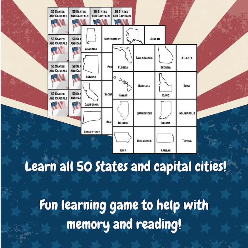 Set of 50 States & Capitals Memory Cards | Printable Educational Game ...