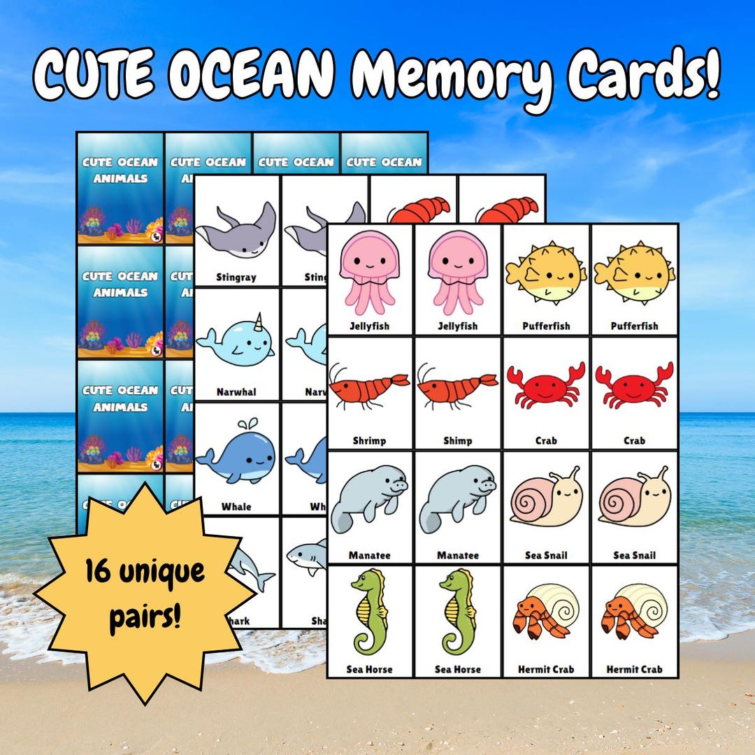 Cute Ocean Animal Memory Matching Cards | Set of 32 Printable Cards for ...