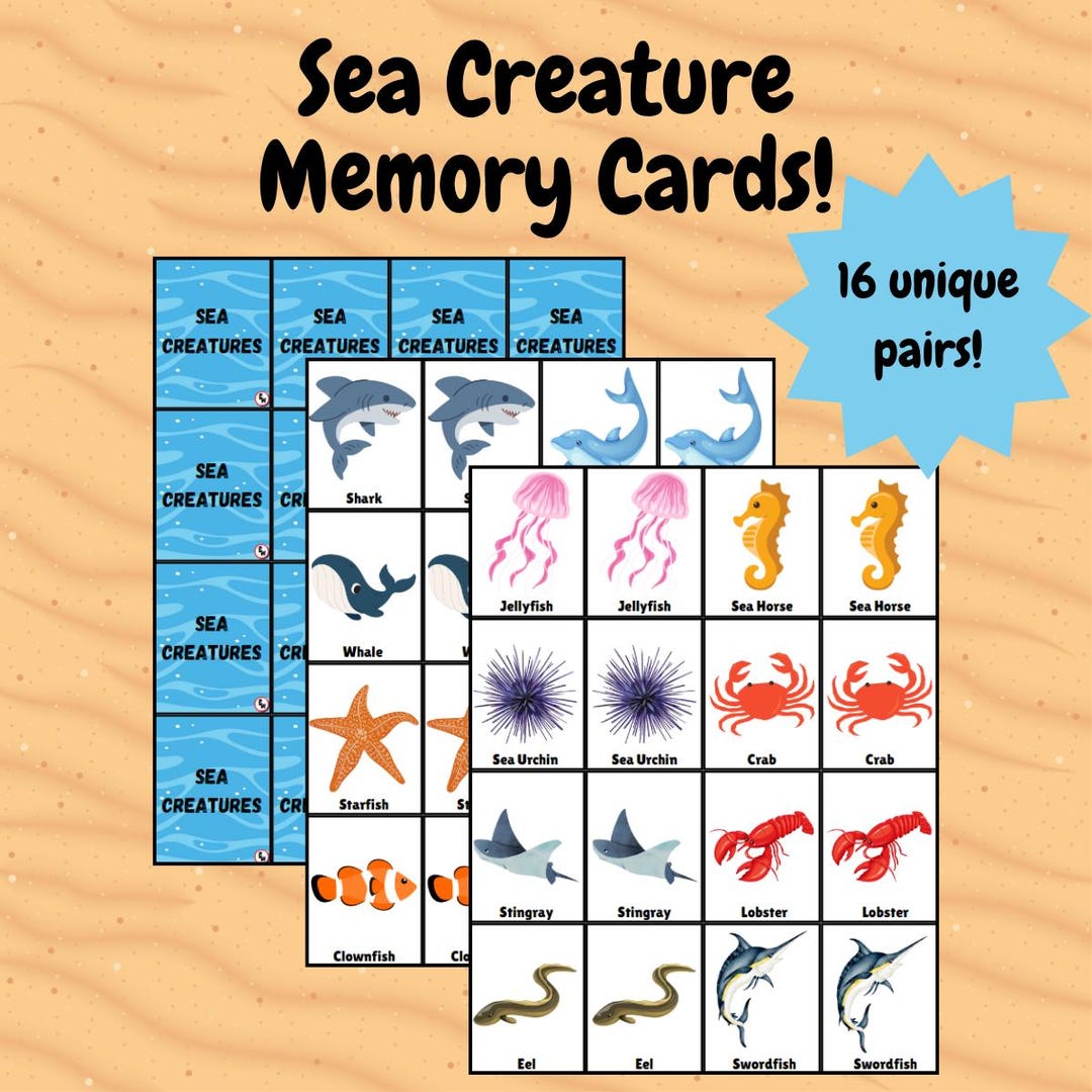 Set of 32 Sea Creature-themed Memory Cards | Printable Matching Game - Etsy