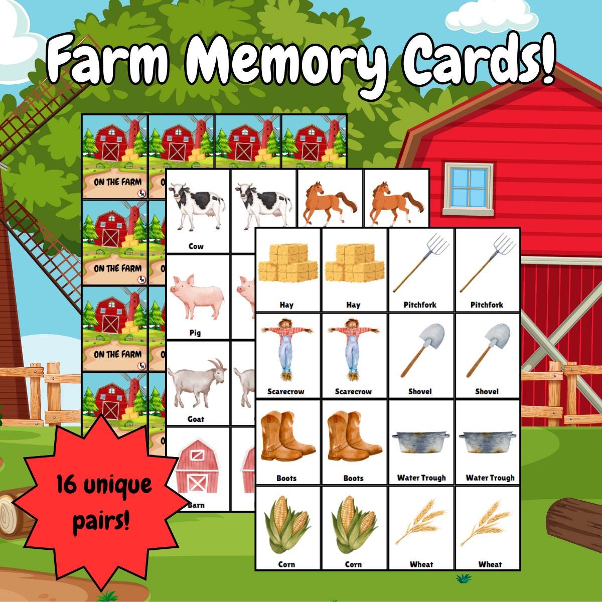 Set of 32 Farm-themed Memory Cards | Printable Matching Game - Etsy