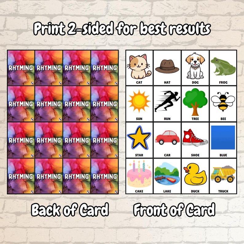 Rhyming Word Memory Matching Cards | Printable Learning Game (set of 48 ...