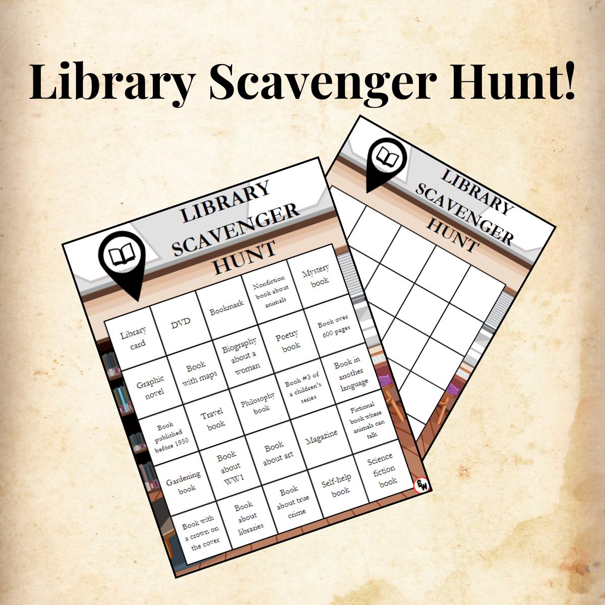 Printable Library Scavenger Hunt Card Reading Adventure Blank ...