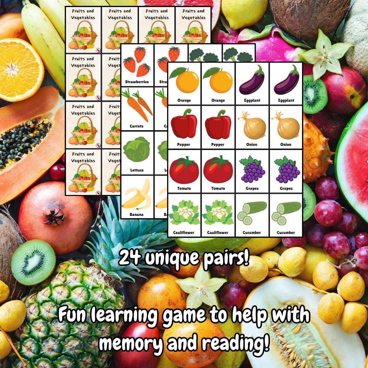 Fruits & Vegetables-themed Memory Cards | Set of 24 | Printable ...