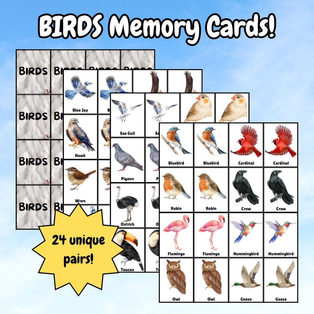 Bird Themed Memory Matching Cards | Set of 48 (24 Pairs) Printable Game ...