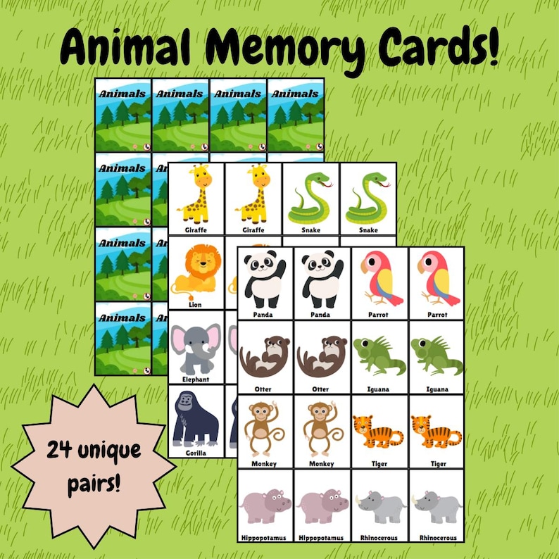 Animal-themed Memory Cards | Set of 24 | Printable Matching Game - Etsy