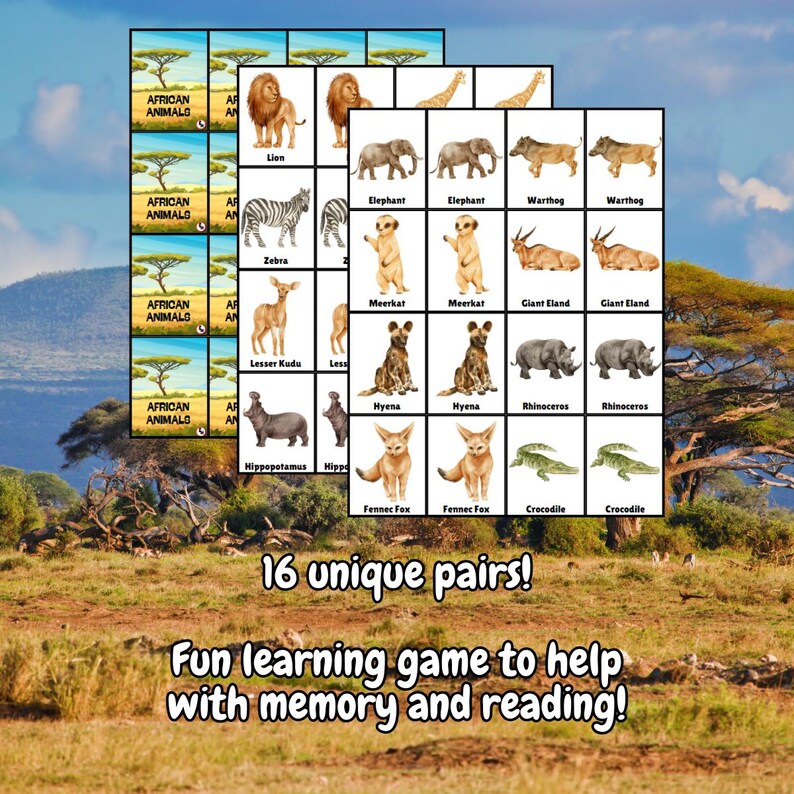 Set of 32 African Animal-themed Memory Cards | Printable Matching Game ...