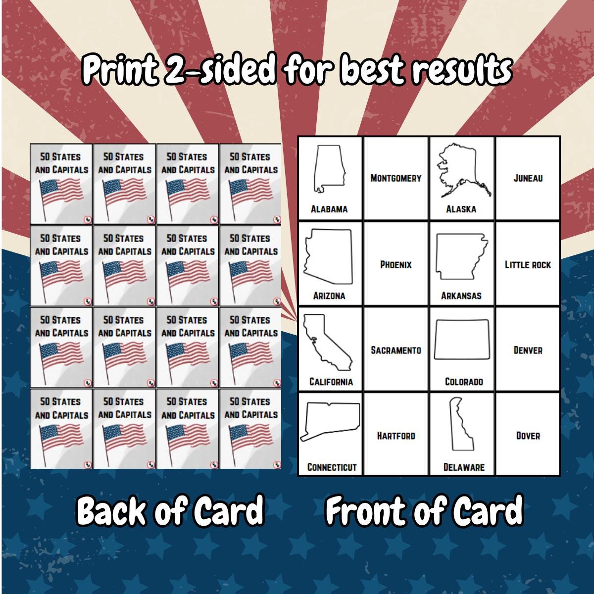 Set of 50 States & Capitals Memory Cards | Printable Educational Game ...