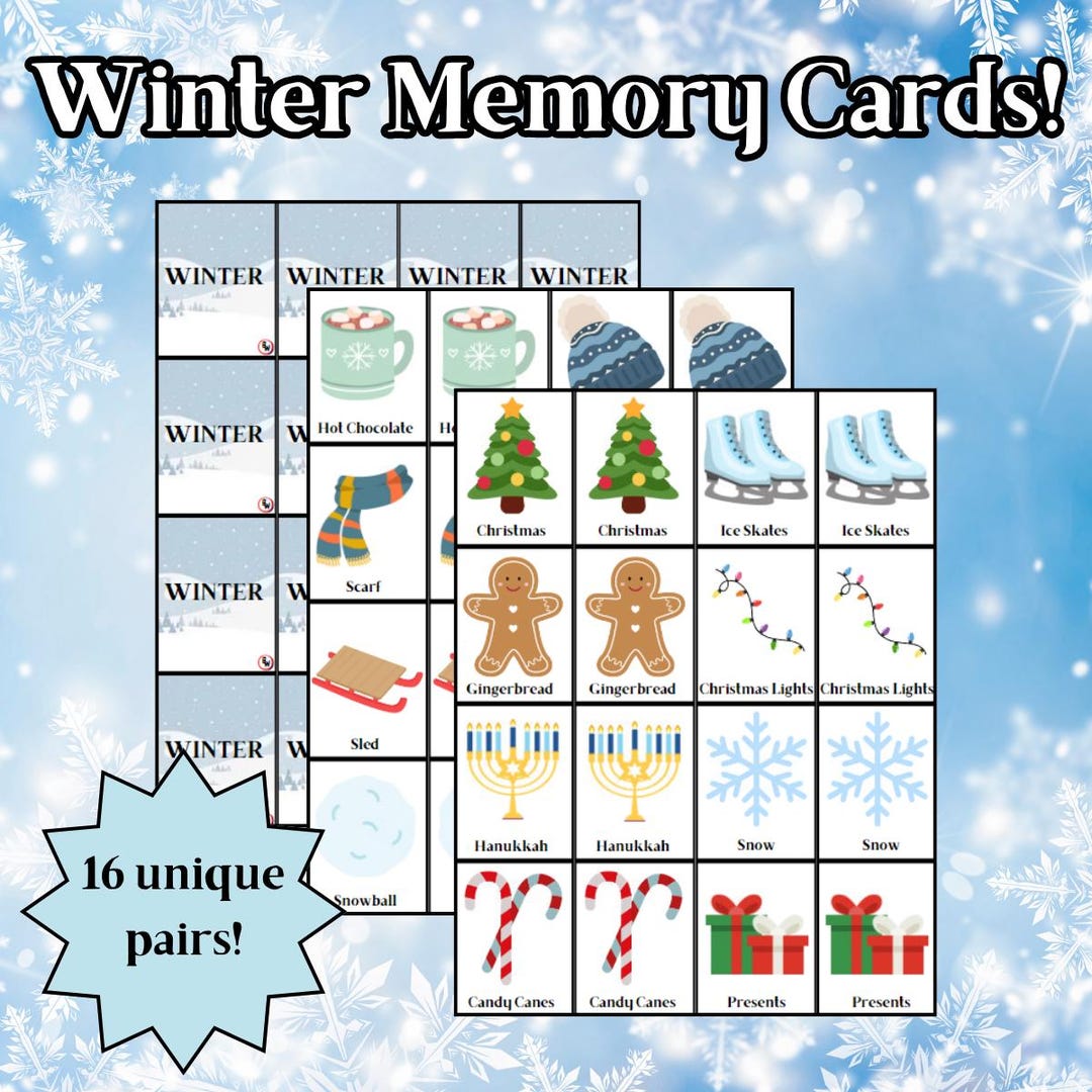 Set of 32 Winter-themed Memory Cards | Printable Matching Game - Etsy