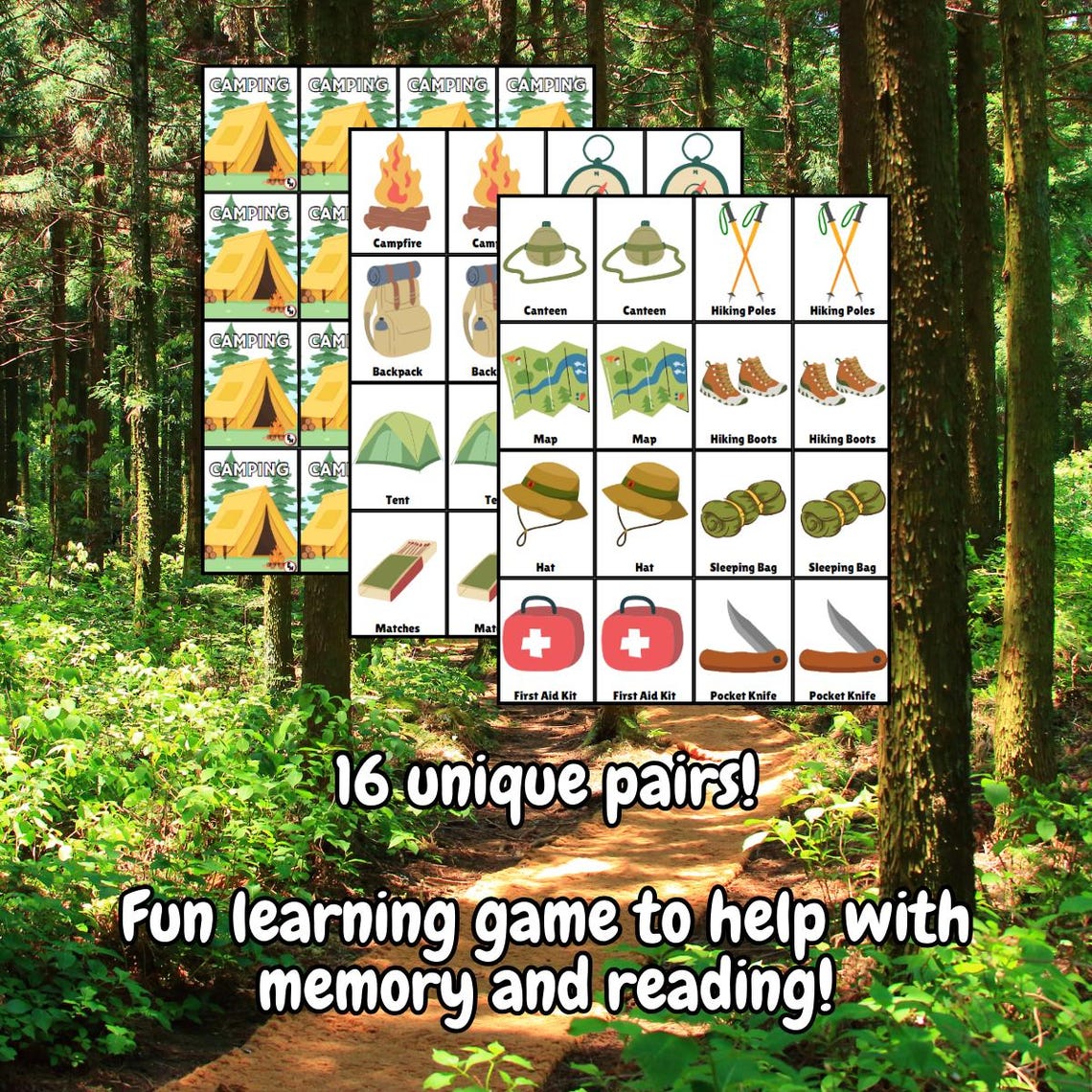Set of 32 Camping-themed Memory Cards | Printable Matching Game for ...