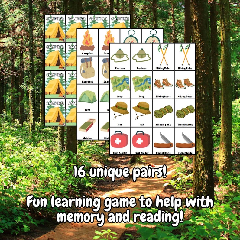 Set of 32 Camping-themed Memory Cards | Printable Matching Game for ...