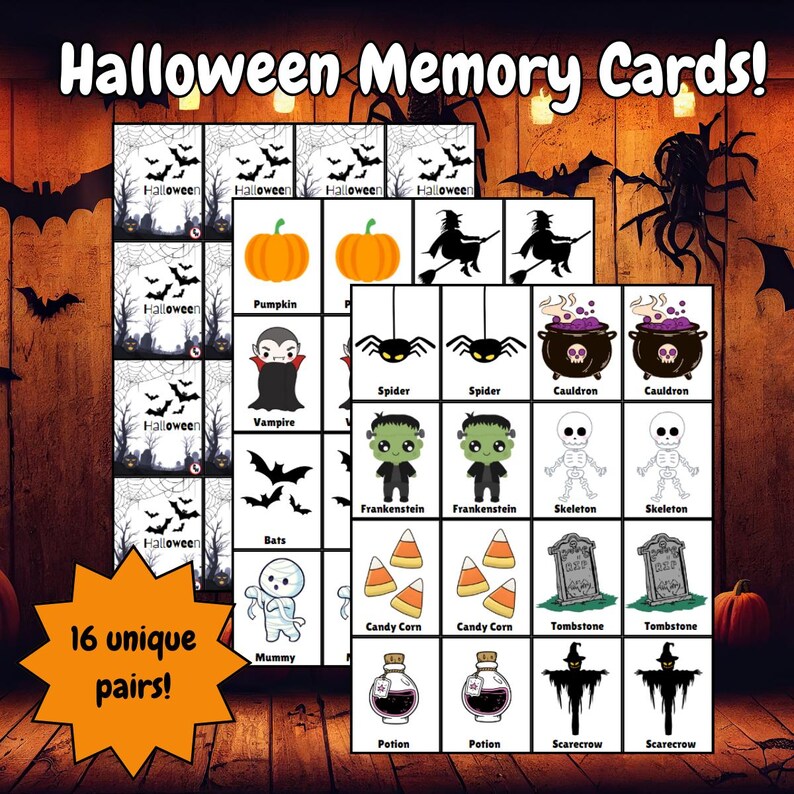 Set of 32 Halloween-themed Memory Cards | Printable Matching Game - Etsy