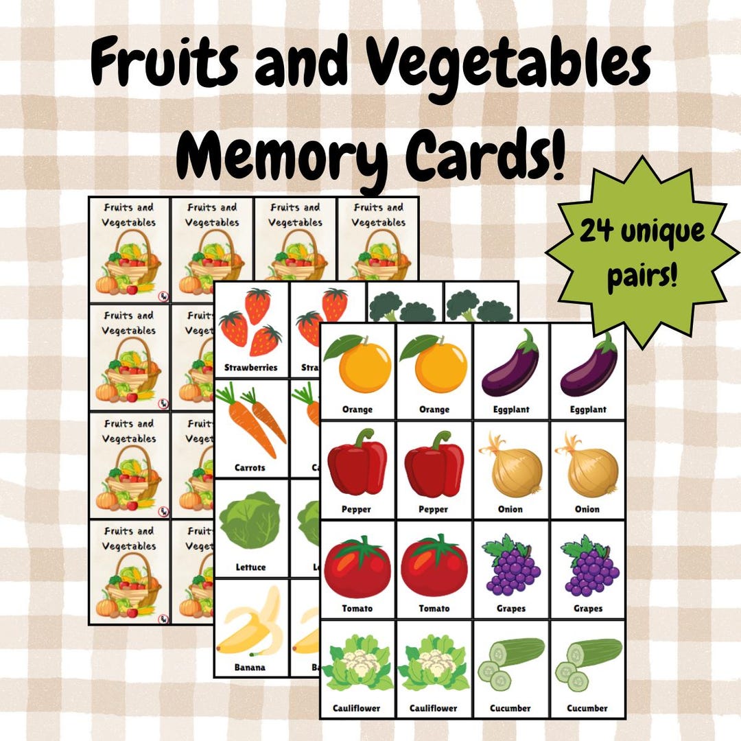 Fruits & Vegetables-themed Memory Cards Set of 24 Printable Matching ...
