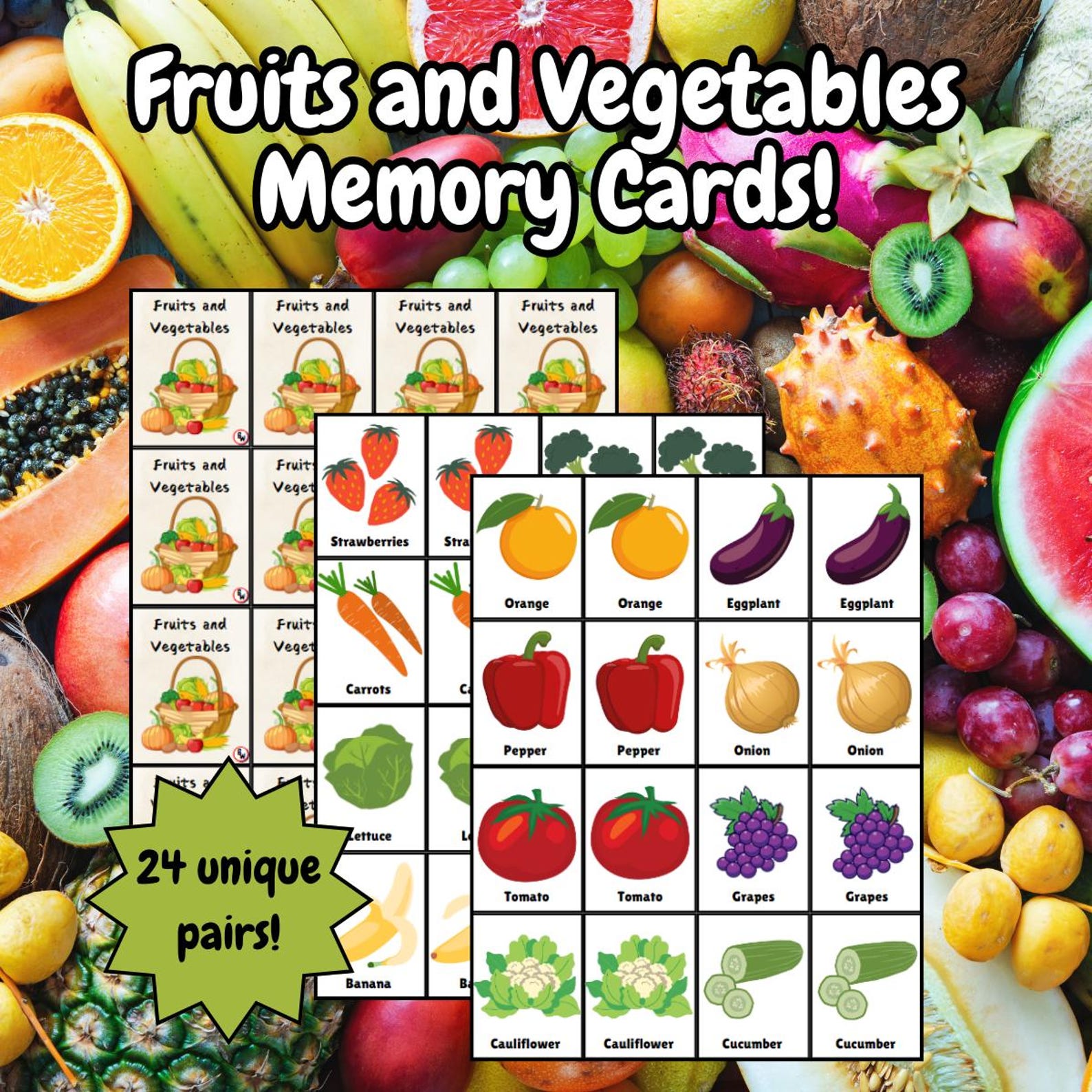 Fruits & Vegetables-themed Memory Cards | Set of 24 | Printable ...