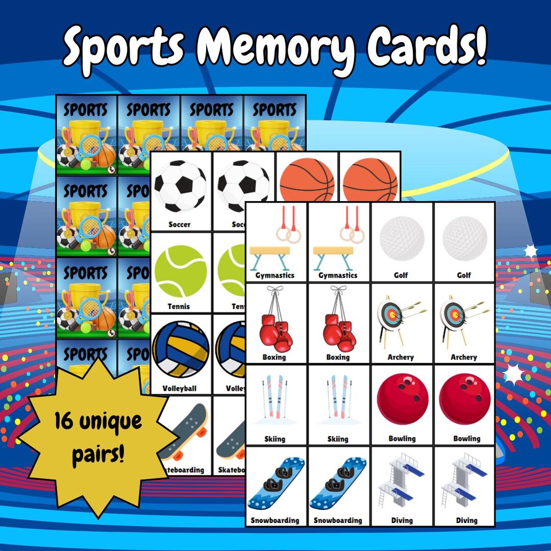 Set of 32 Sports-themed Memory Cards | Printable Matching Game - Etsy