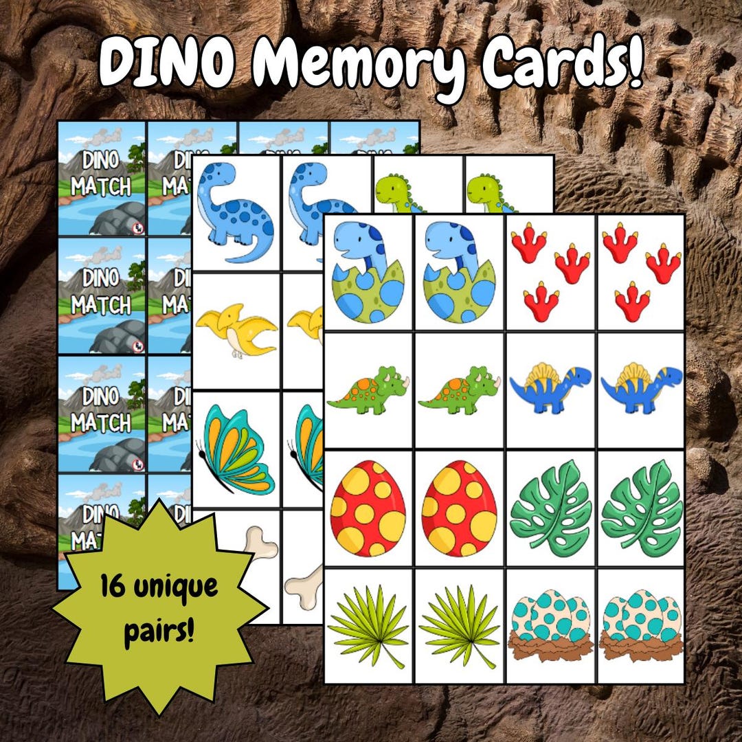 Dinosaur-themed Memory Matching Cards | Set of 32 Printable Cards for ...