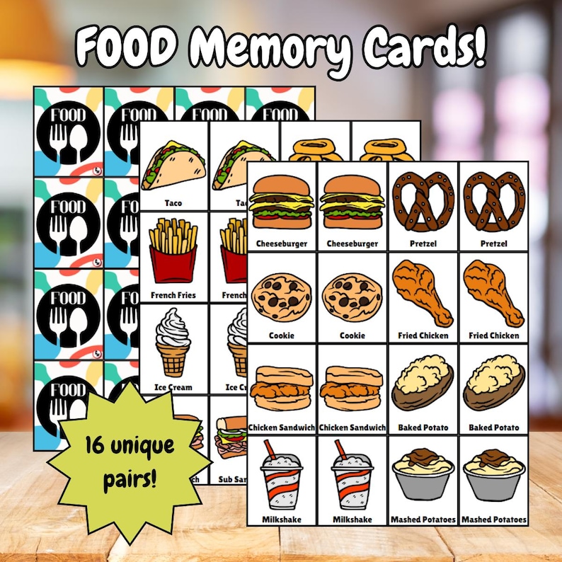 Food-themed Memory Matching Cards | Set of 32 Printable Cards for Kids ...