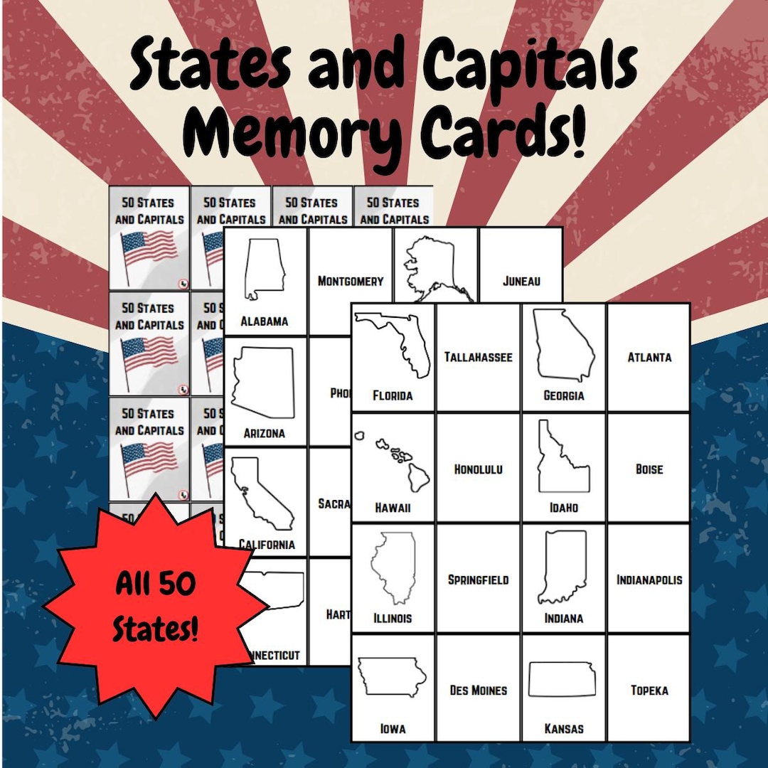 Set of 50 States & Capitals Memory Cards Printable Educational Game - Etsy
