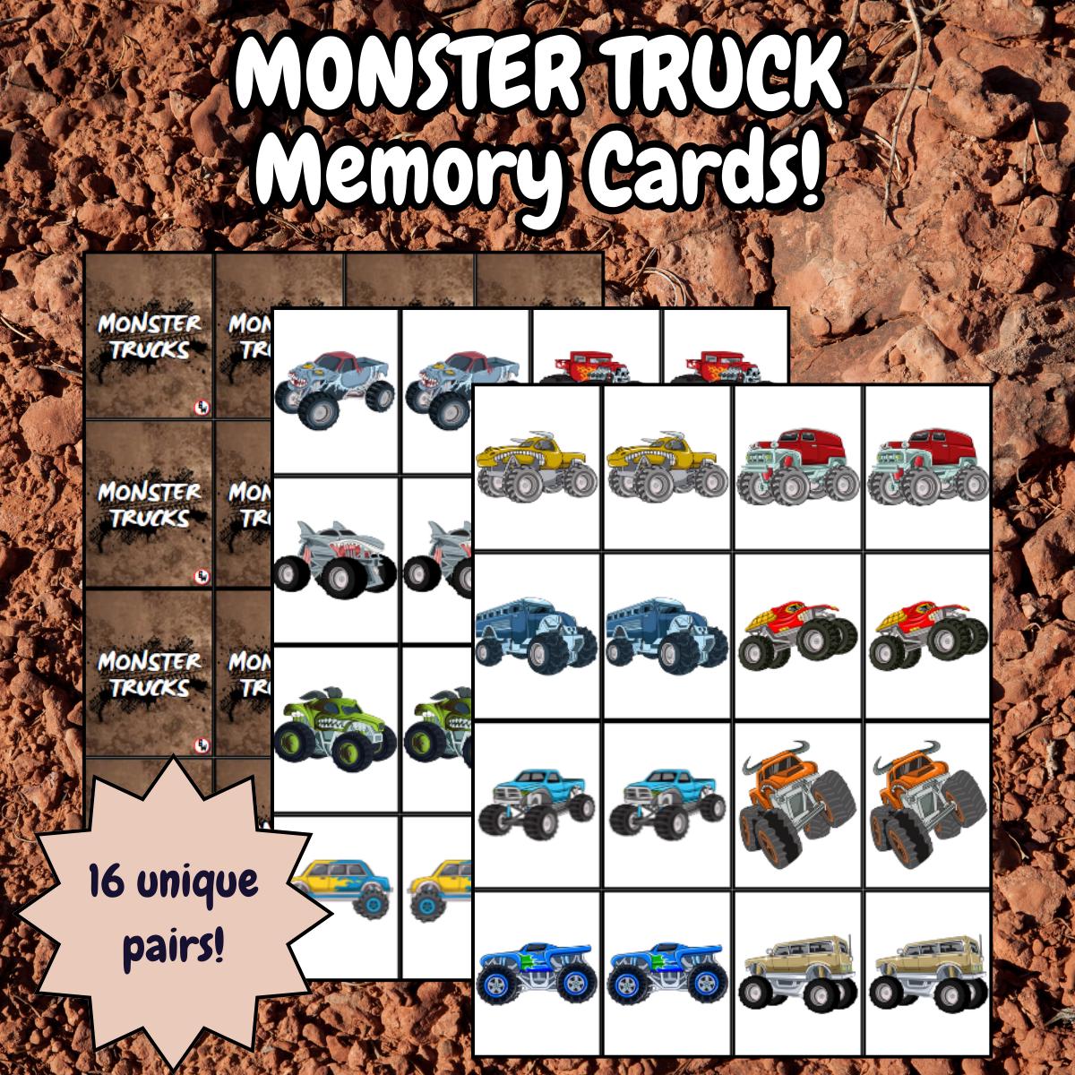 Monster Truck Memory Matching Cards | Set of 32 (16 Pairs) | Printable ...