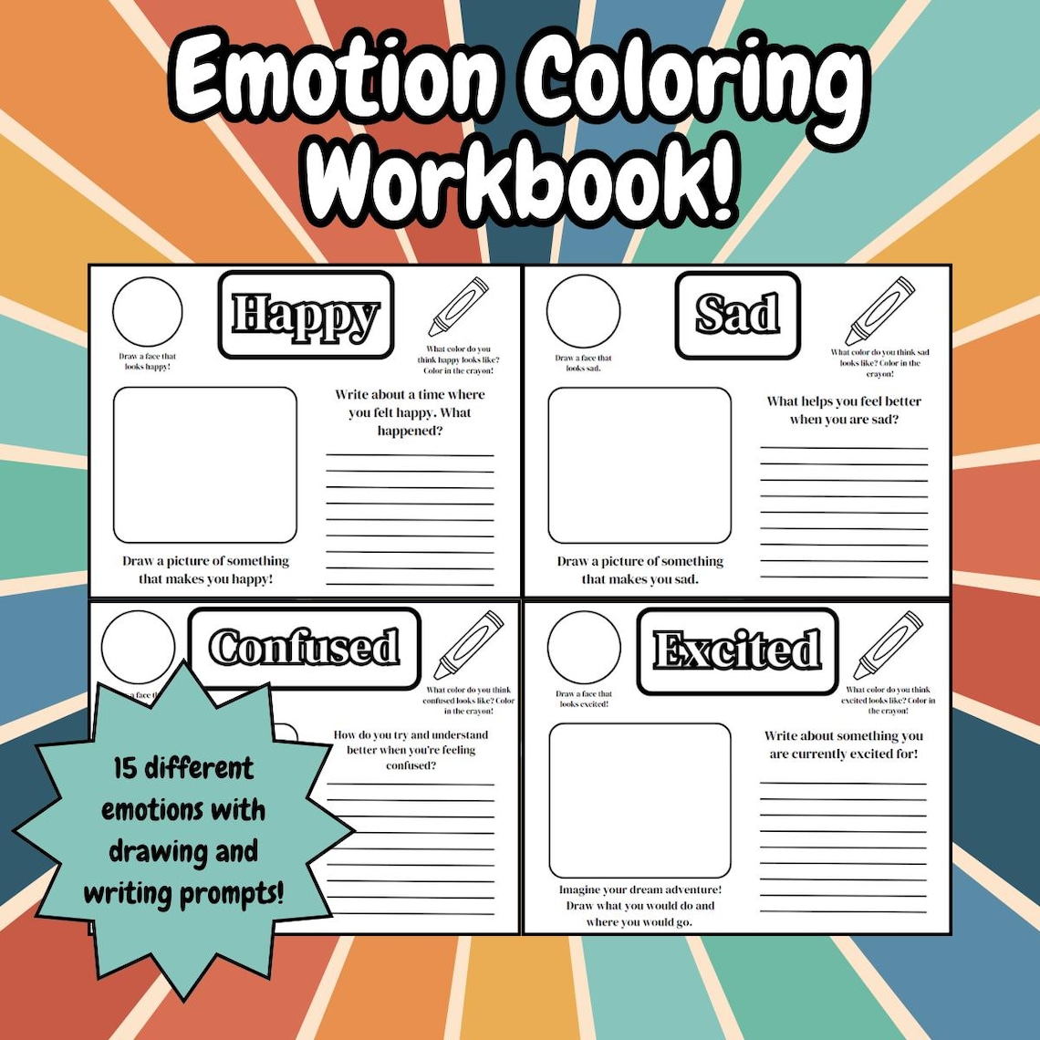 Printable Emotion Worksheets Coloring Book | Drawing & Writing Prompts ...