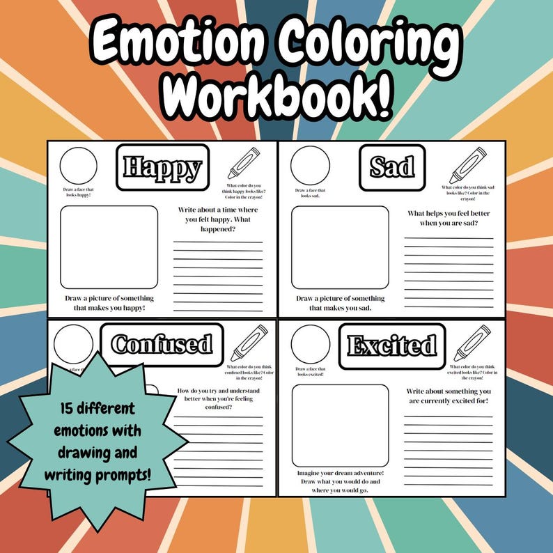 Printable Emotion Worksheets Coloring Book | Drawing & Writing Prompts ...