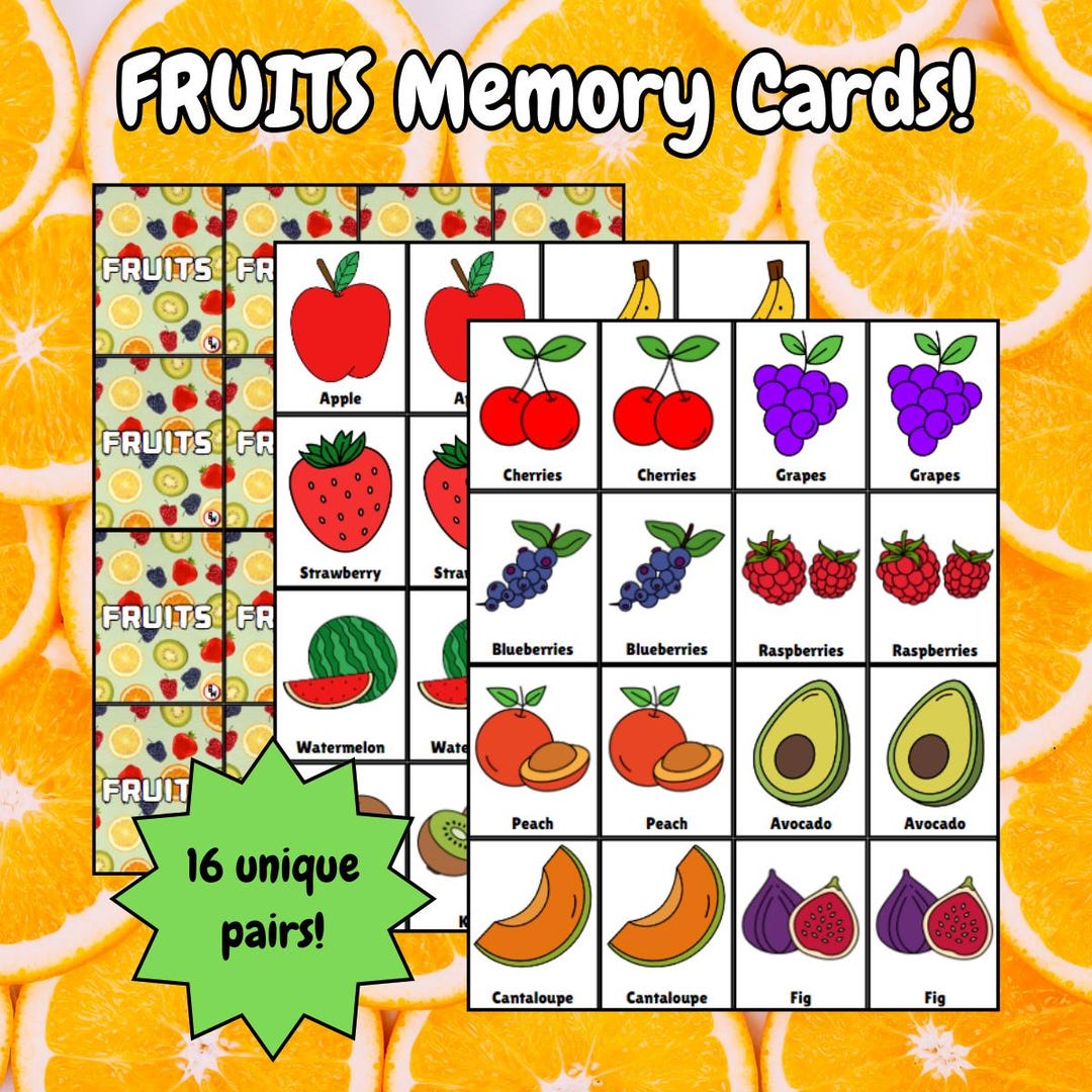 Fruit Memory Matching Game | 32 Printable Cards, Learning Activity ...