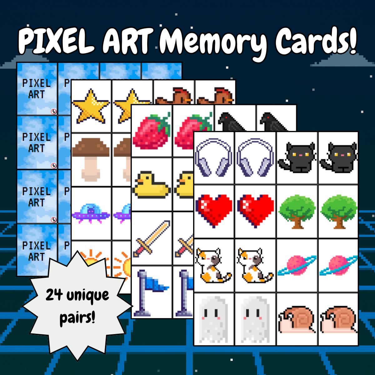 Pixel Art Memory Matching Cards Set of 48 24 Pairs Printable Game for ...