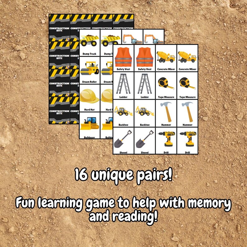 Construction-themed Memory Card Game | 32 Printable Cards for Kids ...