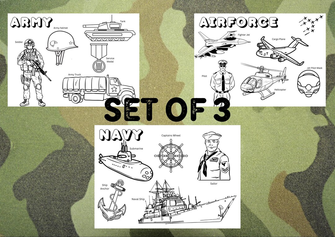 Set of 3 Defence Force Colouring Pages for Kids Air Force, Army, Navy ...