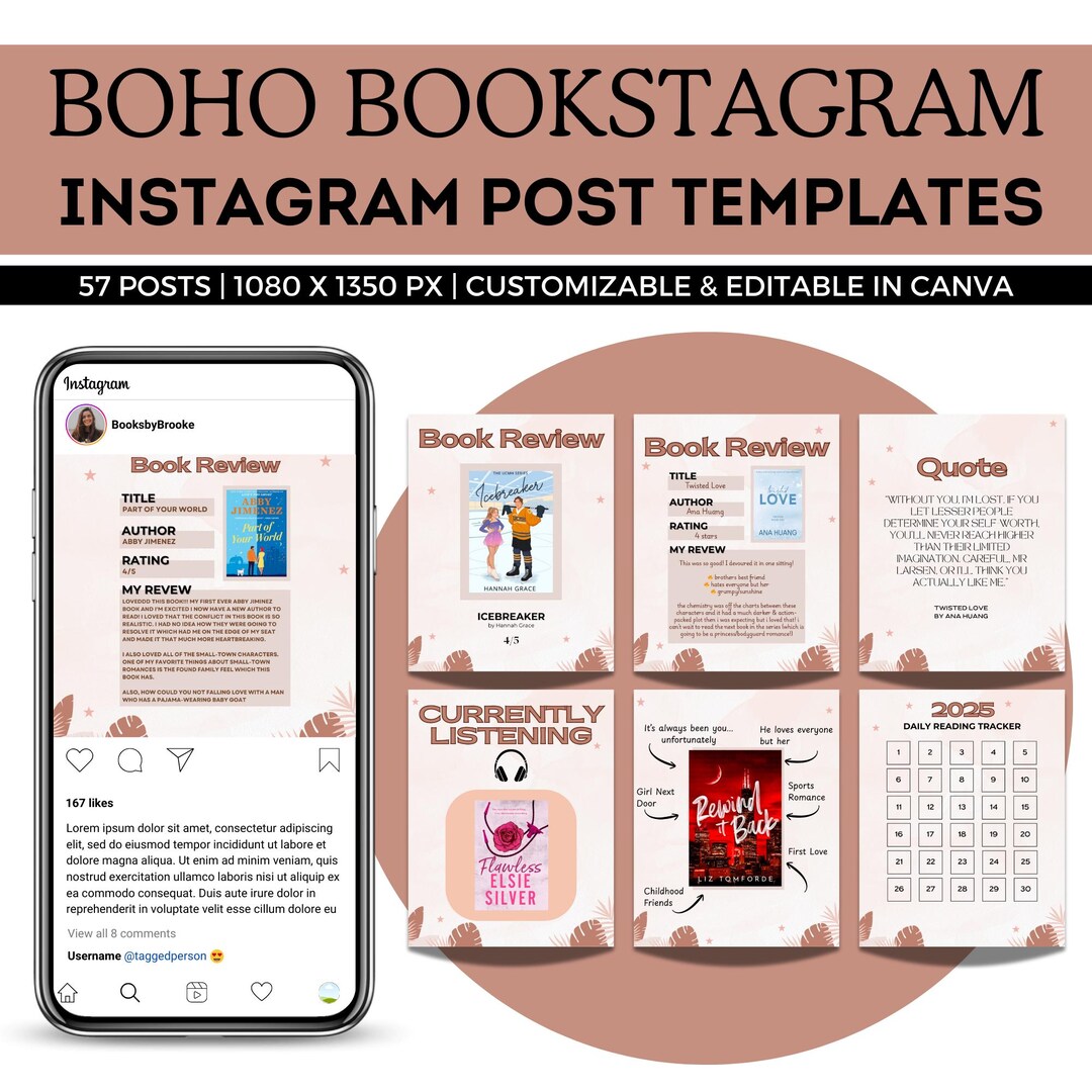 Bookstagram Boho Template, Social Media Post Canva Template, Bookish ...