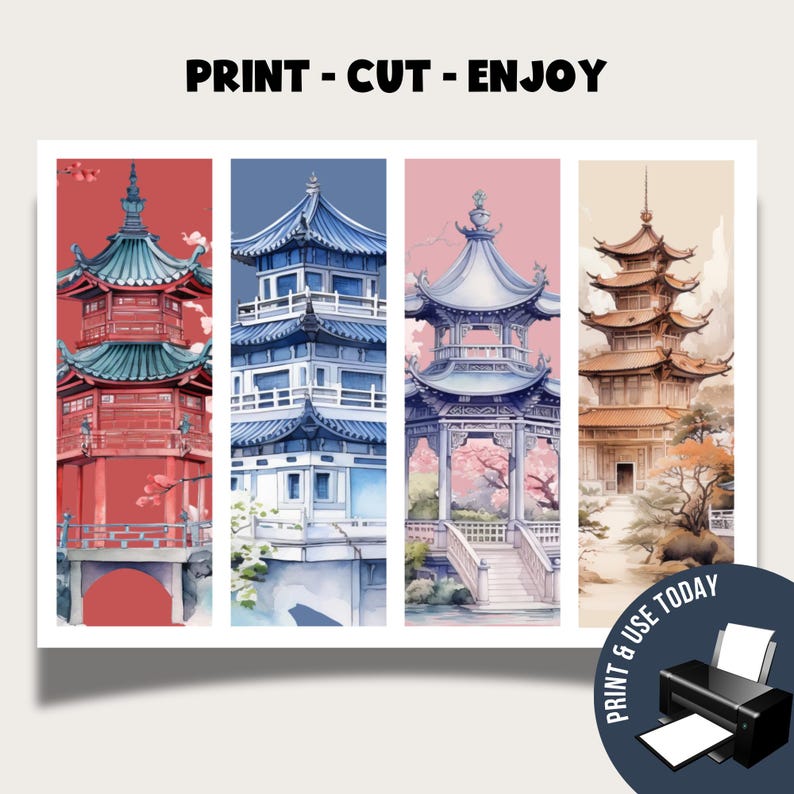 Chinoiserie Printable Bookmarks, Pagoda Bookmarks, Set of 4 Bookmarks ...