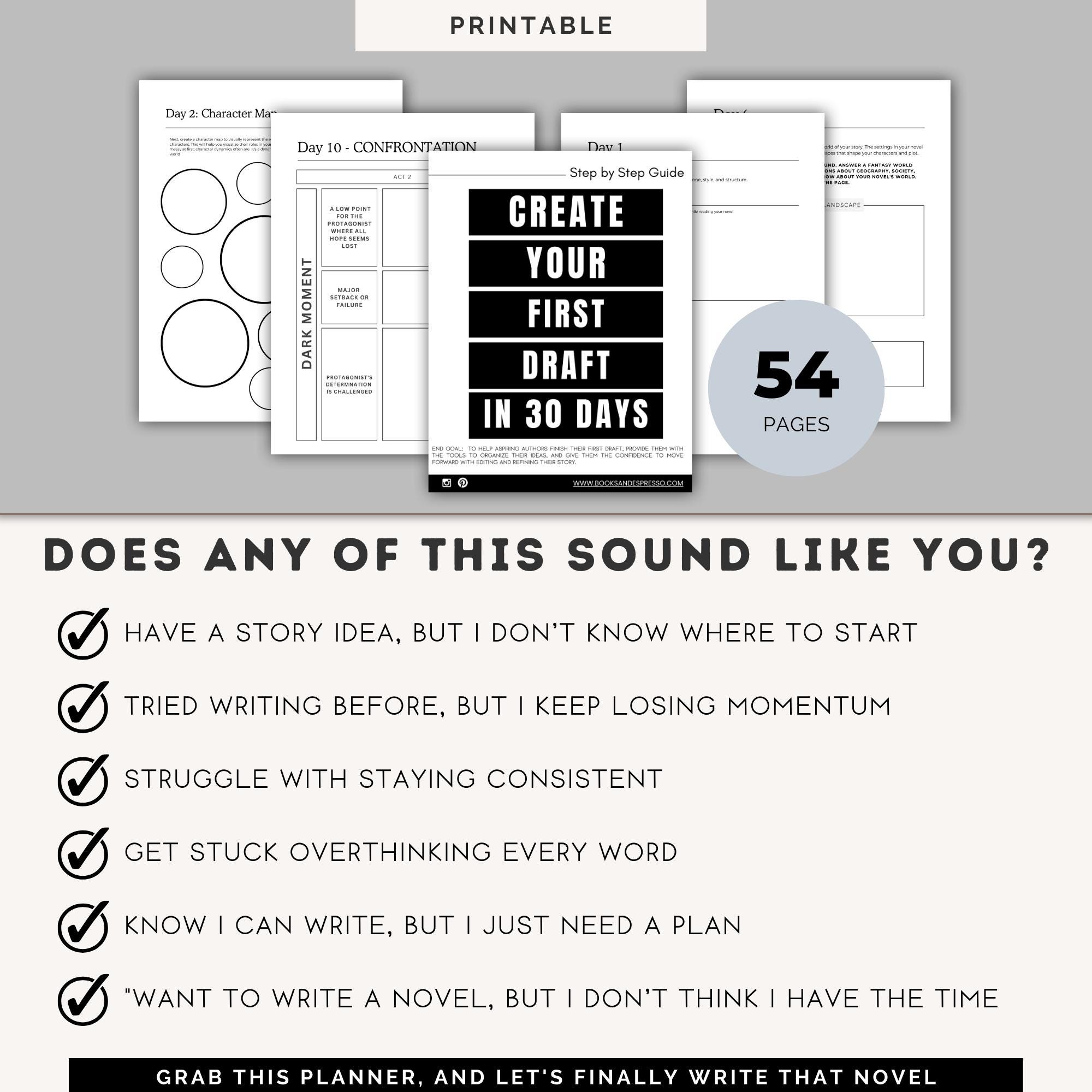 First Draft Novel Guide, Write a Book in 30 Days, 30 Day Novel Writing ...
