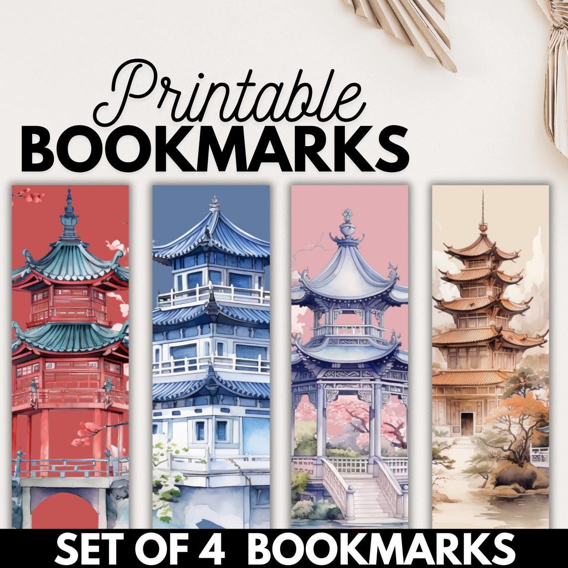 Chinoiserie Printable Bookmarks, Pagoda Bookmarks, Set of 4 Bookmarks ...