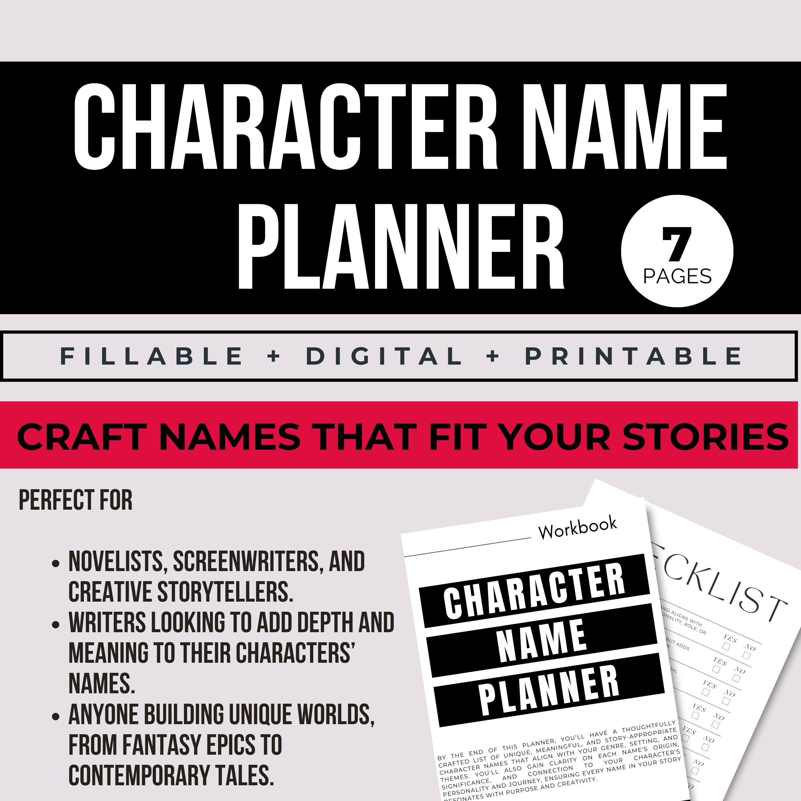 Novel Character Name Planner, Character Development Checklist ...