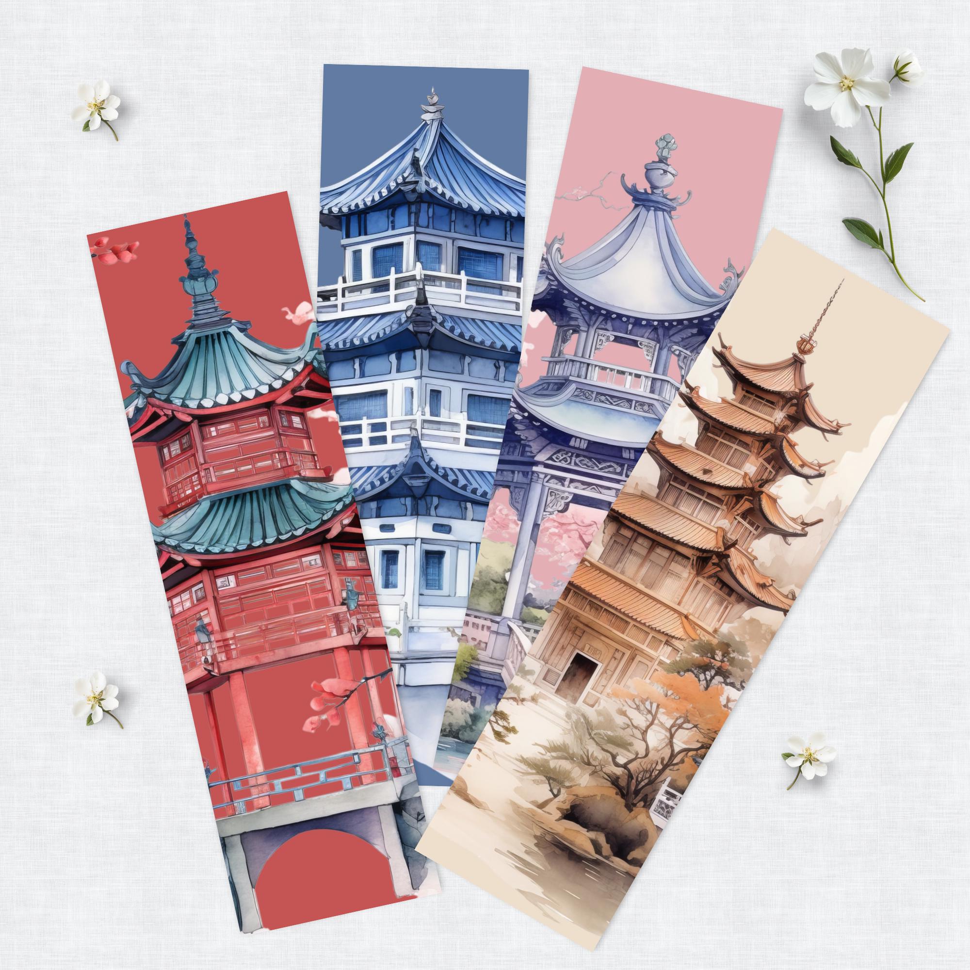 Chinoiserie Printable Bookmarks, Pagoda Bookmarks, Set of 4 Bookmarks ...