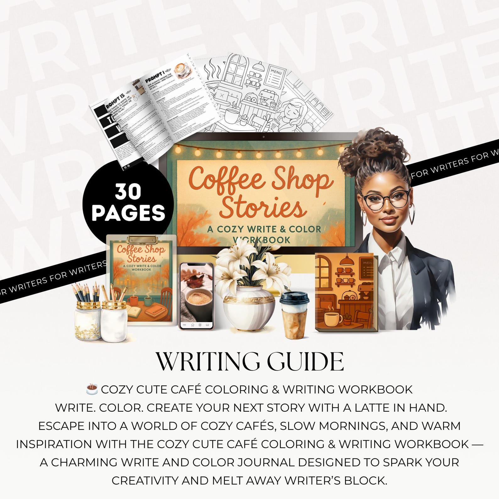 Cozy Cute Cafe Coloring and Writing, Writers Block Workbook With ...