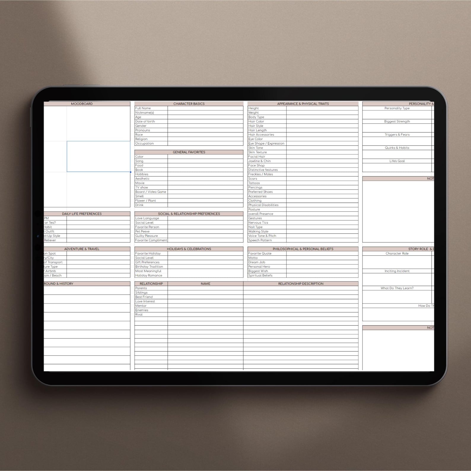 Character Development Spreadsheet, Character Sheet Profile Template ...