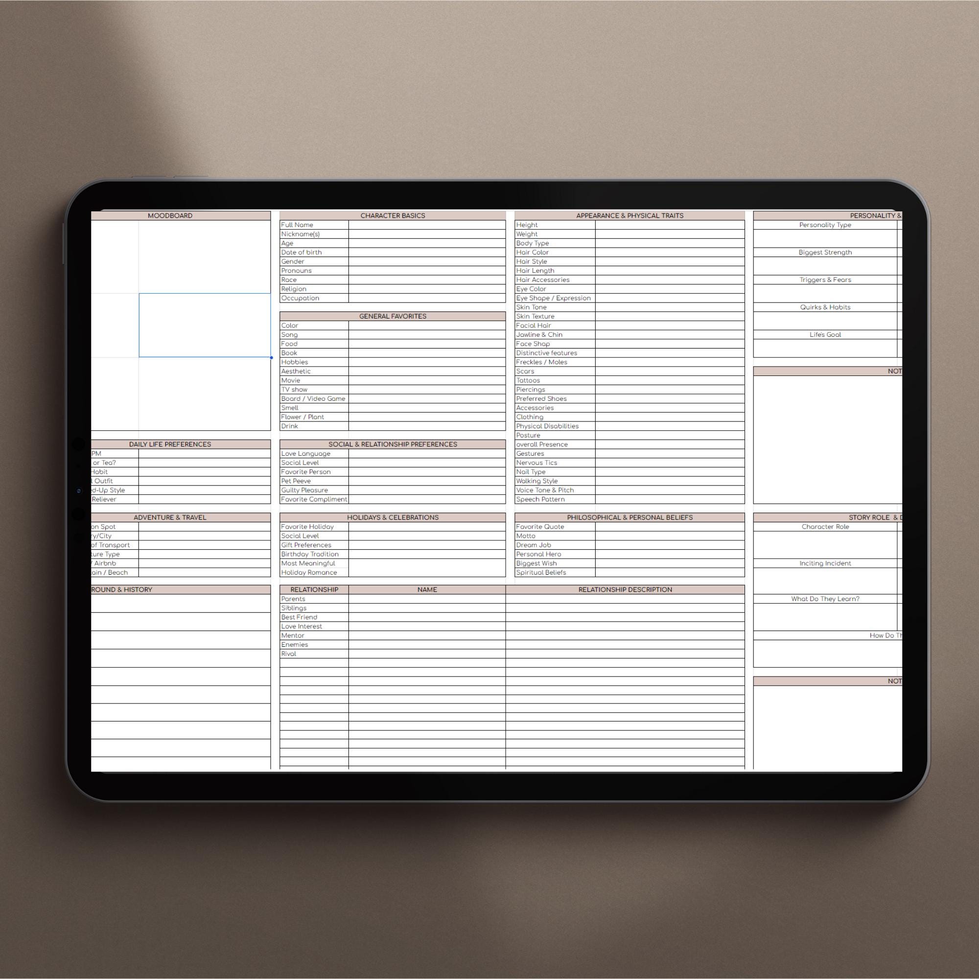 Character Development Spreadsheet, Character Sheet Profile Template ...