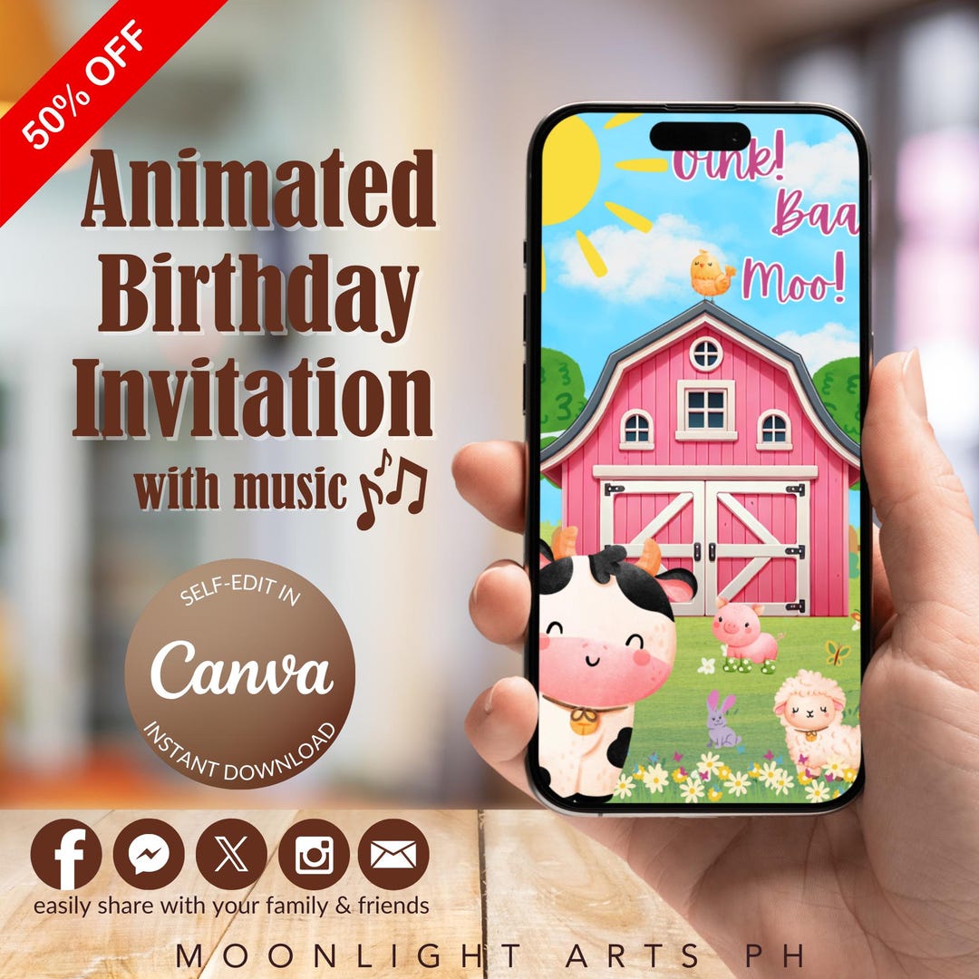 Girl Farm Animated Birthday Invitation: Barnyard Animals (canva ...